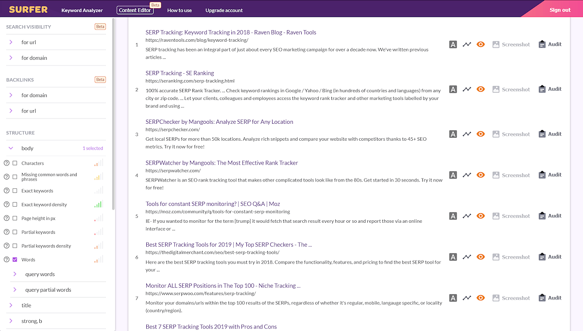 Surfer - SEO Analytics and Data on your plate