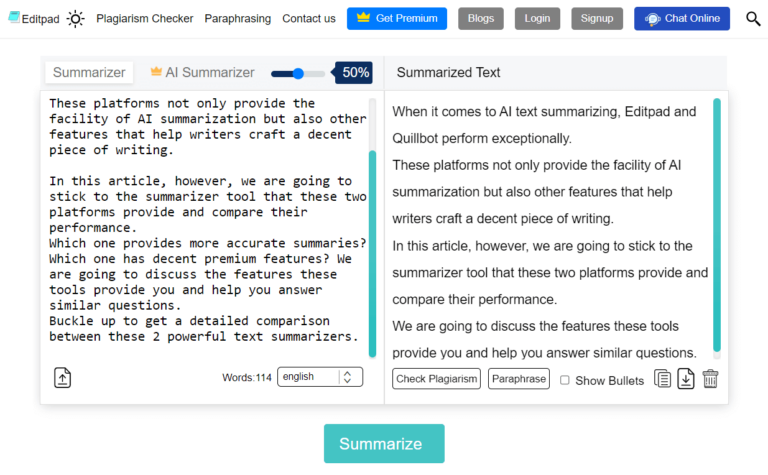 Editpad vs Quillbot: a Comparison Between Text Summarizers